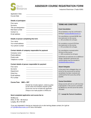 Fillable Online skillsourcebc ASSESSOR COURSE REGISTRATION FORM ...