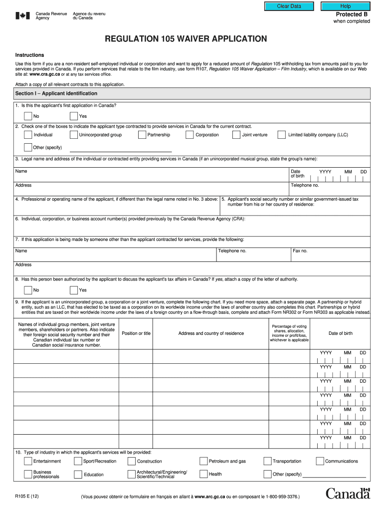Fillable Online cra-arc gc Regulation 105 bWaiverb Application - Agence ...