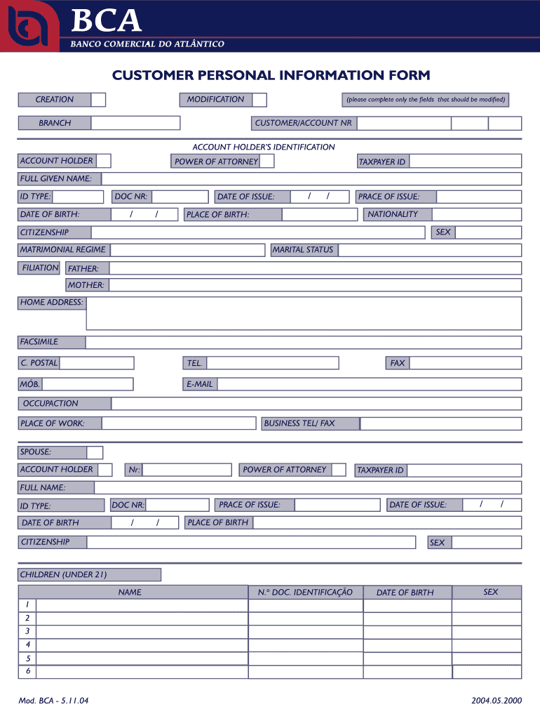 Fillable Online bca CUSToMER PERSoNAL INFoRMATIoN FoRM - bBCAb Fax ...