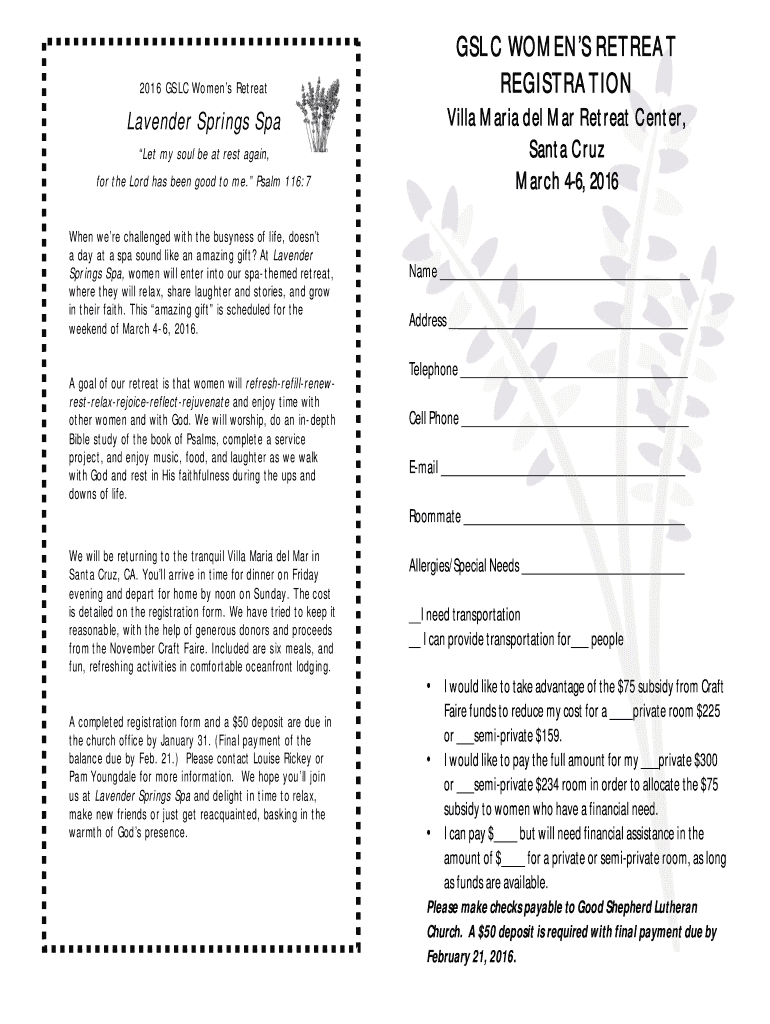 Fillable Online gslct Gslc women's retreat registration - Good Shepherd Lutheran Church Fax ...