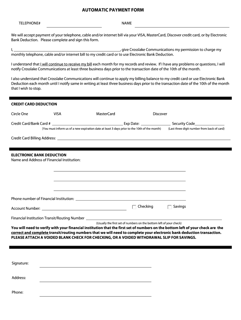 Fillable Online AUTOMATIC PAYMENT FORM - bcrosslakebbnetb Fax Email Print - pdfFiller