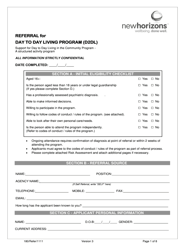 Fillable Online newhorizons net REFERRAL for DAY TO DAY LIVING PROGRAM ...