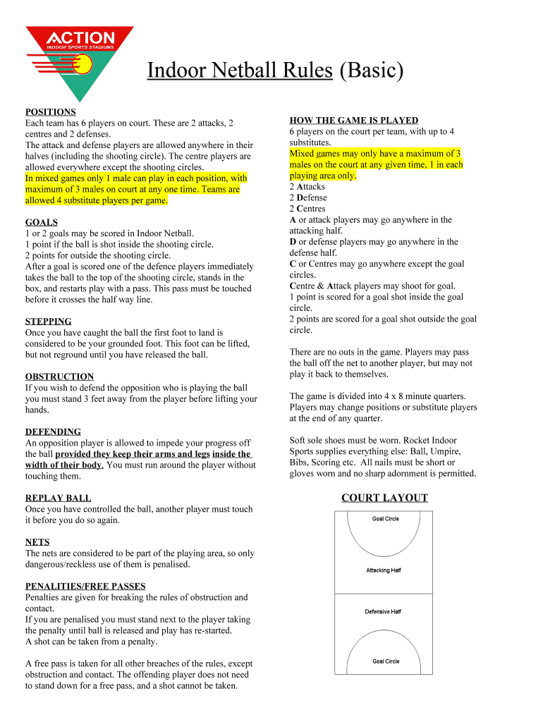 Fillable Online Indoor Netball Rules (Basic) Fax Email Print - pdfFiller
