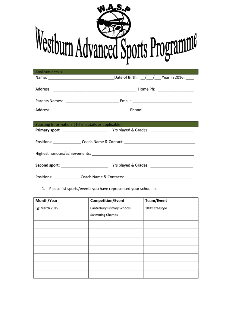 Fillable Online westburn school WASP application form ...