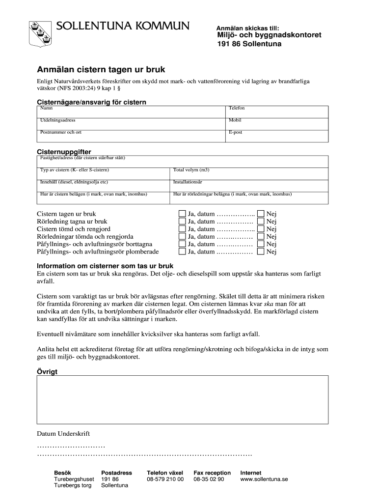 Fillable Online sollentuna Anmlan cistern tagen ur bruk - sollentunase Fax Email Print - pdfFiller