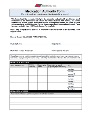 Fillable Online Medication Authority Form - Bellbridge Primary School ...