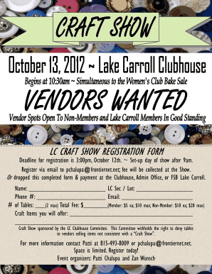 Fillable Online LC CRAFT SHOW REGISTRATION FORM - golakecarrollcom Fax ...
