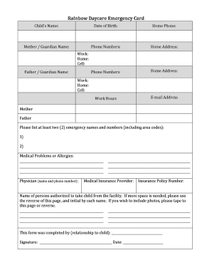 Fillable Online Rainbow Daycare Emergency Carddocx Fax Email Print - pdfFiller