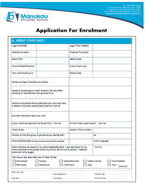 Fillable Online manukauchristian school Application For Enrolment ...