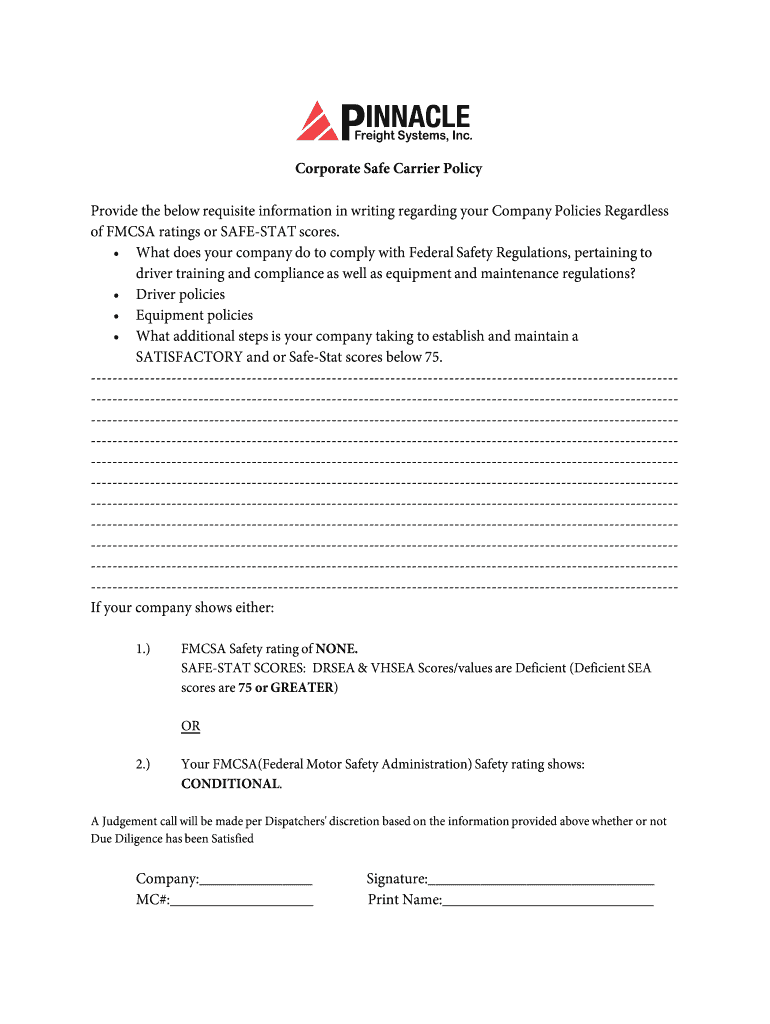 Fillable Online 1 FMCSA Safety rating of NONE SAFE-STAT SCORES DRSEA ...