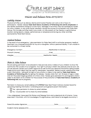 Fillable Online Waiver and Release Form 20142015 - Triple Heat Dance ...