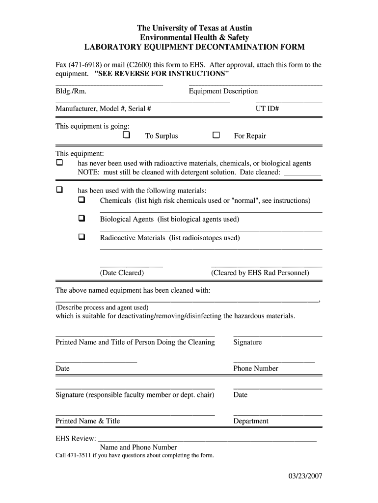 Fillable Online icmb utexas EHS Decontamination Form - The University of Texas at Austin Fax ...