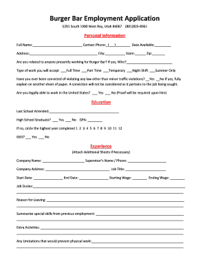 Fillable Online Burger Bar bEmployment Applicationb - Burger Bar Roy ...