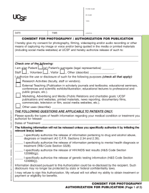 Fillable Online identity ucsf CONSENT FOR PHOTOGRAPHY AUTHORIZATION FOR Fax Email Print - pdfFiller