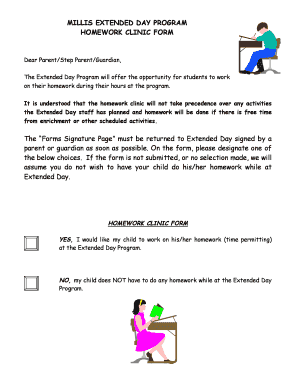 Fillable Online MILLIS EXTENDED DAY PROGRAM HOMEWORK CLINIC FORM Fax ...