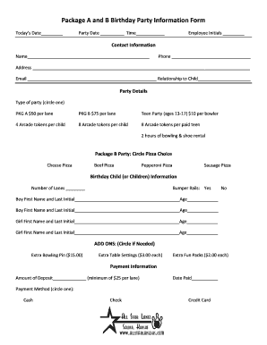 Fillable Online Package A and B Birthday Party Information Form Fax ...