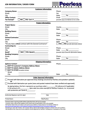 Fillable Online JOB INFORMATION SHEET - peerlessproductscom Fax Email ...