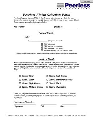 Fillable Online Peerless Finish Selection Form - peerlessproductscom ...