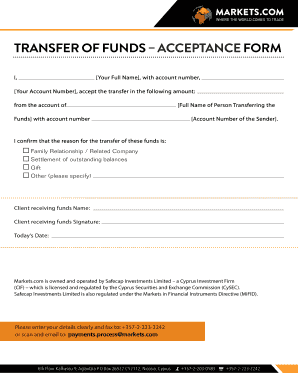 Fillable Online TRANSFER OF FUNDS ACCEPTANCE FORM Fax Email Print ...