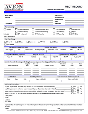 Fillable Online Pilot Record Form - Avion Insurance Fax Email Print ...