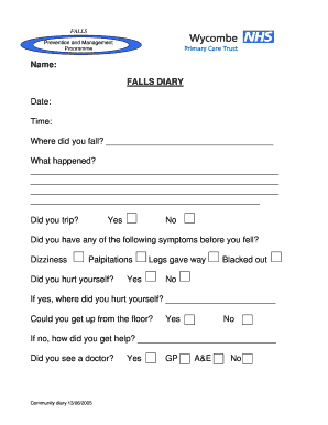 Fillable Online buckinghamshirefallsprevention co Name FALLS DIARY ...