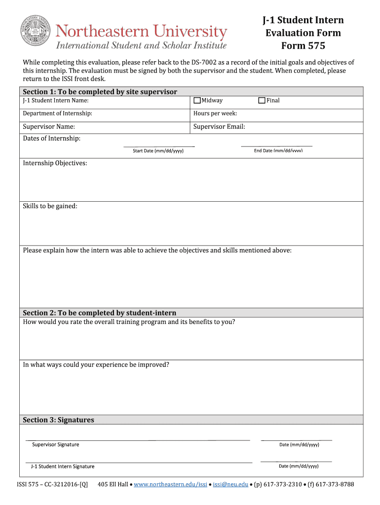 Fillable Online northeastern J-1 Student Intern Evaluation Form Form 575 Fax Email Print - pdfFiller