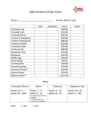 Fillable Online NRG Uniform Order Form Fax Email Print - pdfFiller