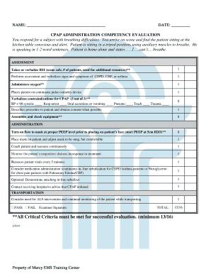 Fillable Online ems mercyhealthsystem NAME: DATE: CPAP ADMINISTRATION ...