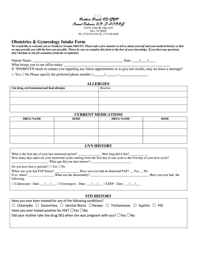 Fillable Online Obstetrics amp Gynecology Intake Form - bNNOBGYNb Fax ...