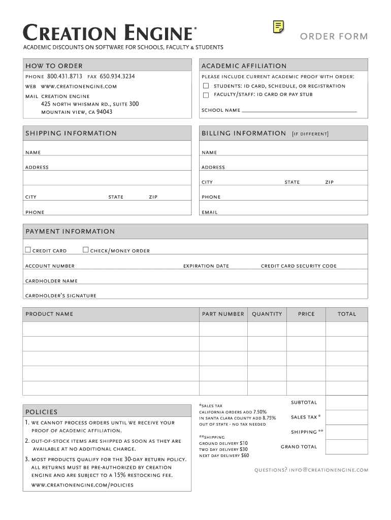Fillable Online Order form - Creation Engine Fax Email Print - pdfFiller