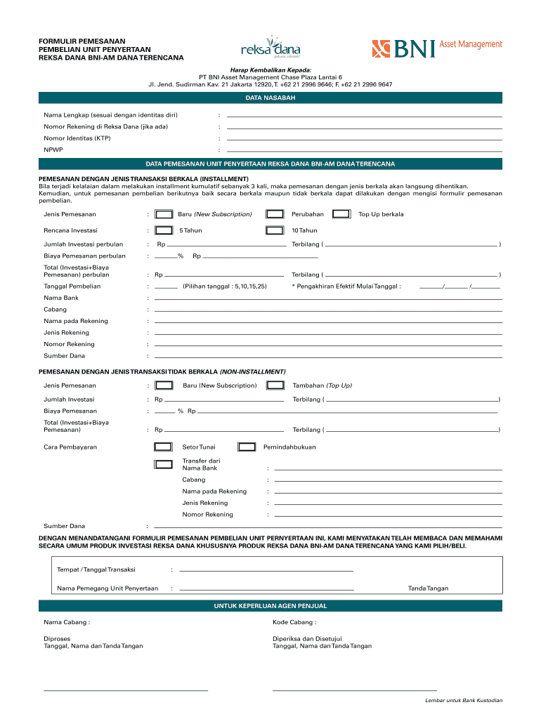 Fillable Online bni-am co Formulir pemesanan pembelian unit penyertaan ...