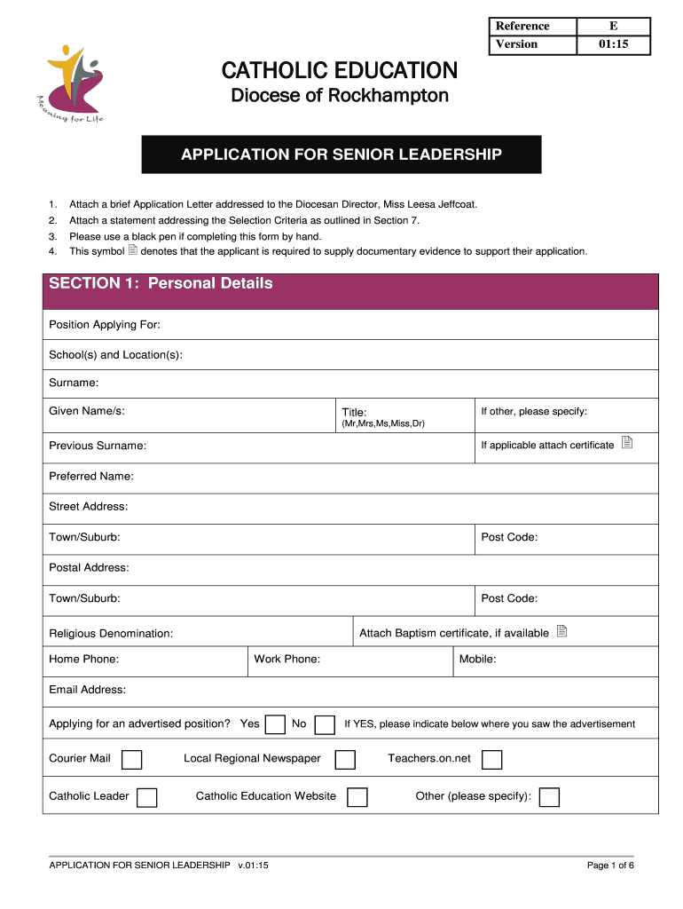 Fillable Online rok catholic edu Application for Senior Leadership ...