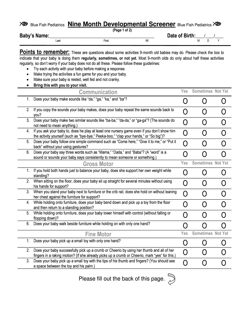 Fillable Online 9 Month Developmental Screener - Blue Fish Pediatrics ...