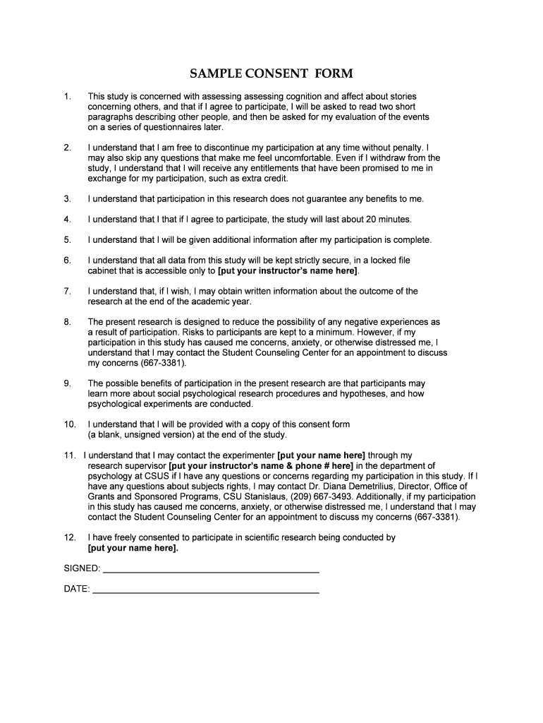 Fillable Online psyc csustan SAMPLE CONSENT FORM - psyccsustanedu Fax ...