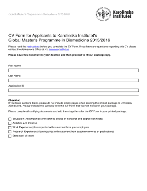 Fillable Online kiedit ki CV Form for Applicants to Karolinska ...