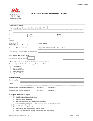 Fillable Online MBA STUDENT PRE-ASSESSMENT FORM - MBA Australia Fax ...