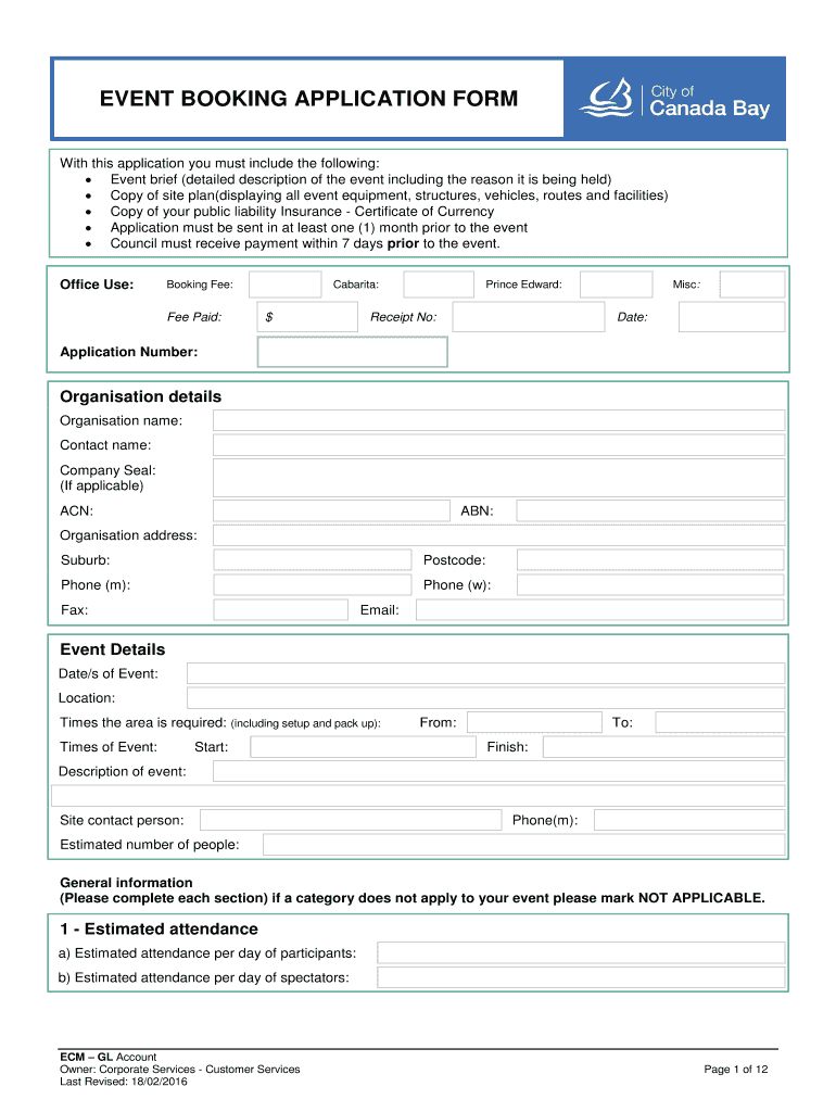 Fillable Online edas canadabay nsw gov Event Booking application form ...