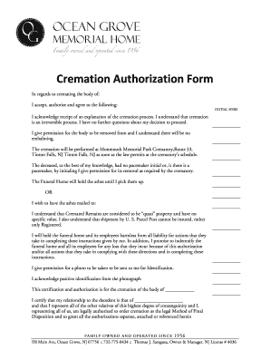 Fillable Online Cremation Authorization bFormb - Ocean Grove Memorial ...