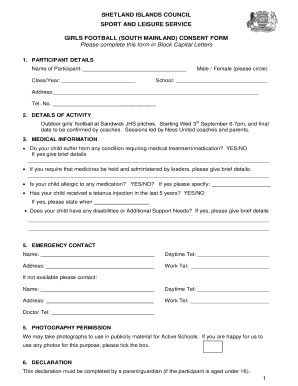 Fillable Online dunrossness shetland sch Girls Football Consent Form ...