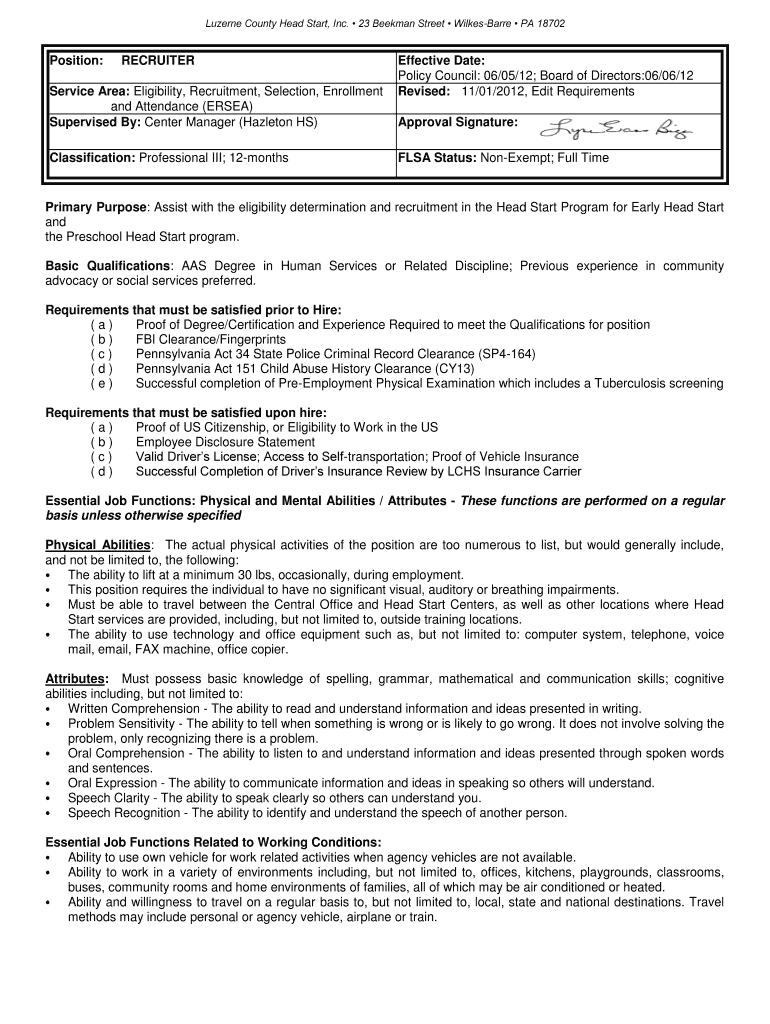 Fillable Online intranet hsweb Position RECRUITER Service Area Eligibility Recruitment ...