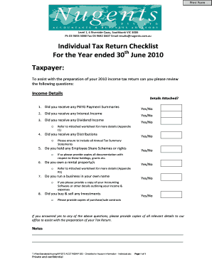 Fillable Online Individual Tax Return Checklist For the Year ended 30 ...