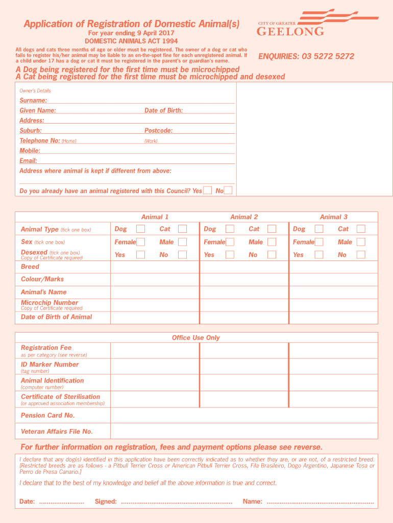 Fillable Online Application of Registration of Domestic Animal(s) For ...