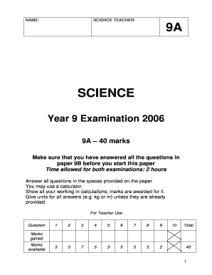 Fillable Online 9A SCIENCE Year 9 Examination 2006 9A - No Brain Too ...