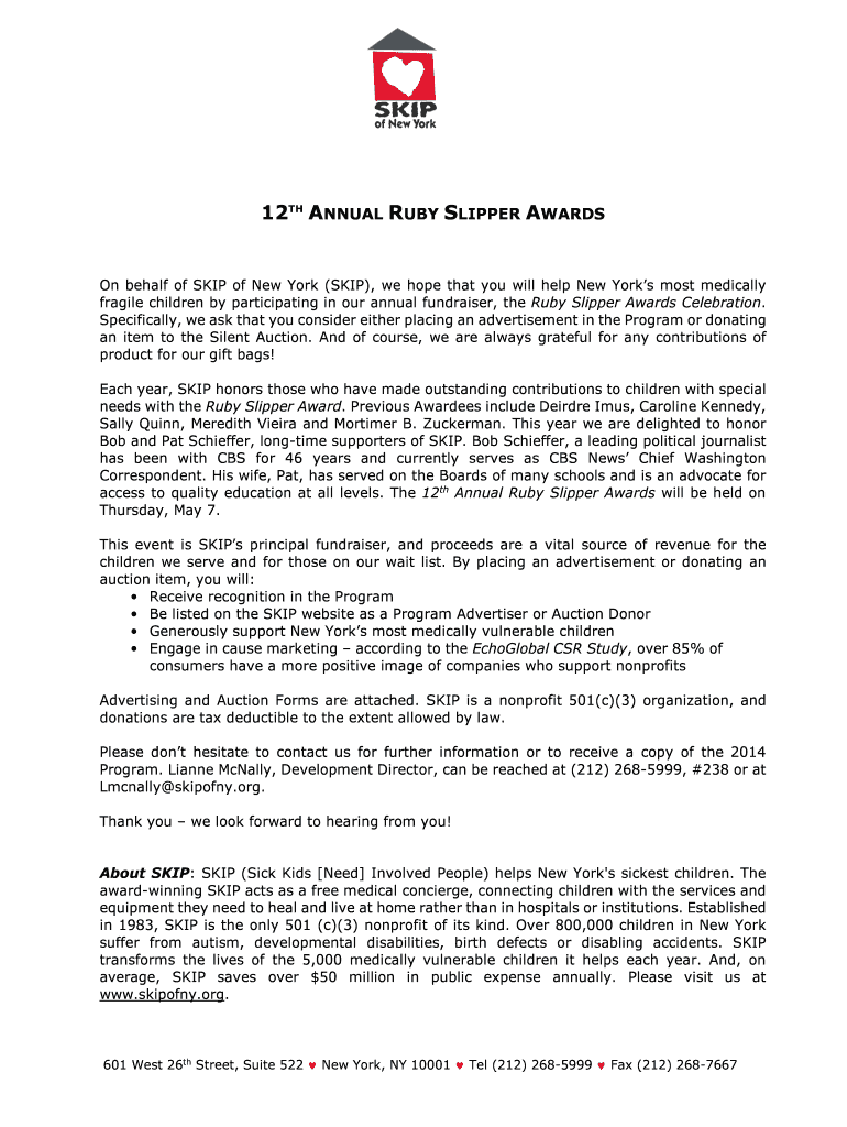 Fillable Online skipofny 12TH ANNUAL RUBY SLIPPER AWARDS Fax Email ...