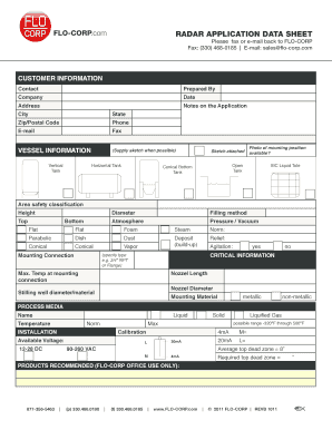 Fillable Online RADAR APPLICATION DATA SHEET - flowlineoptionscom Fax ...