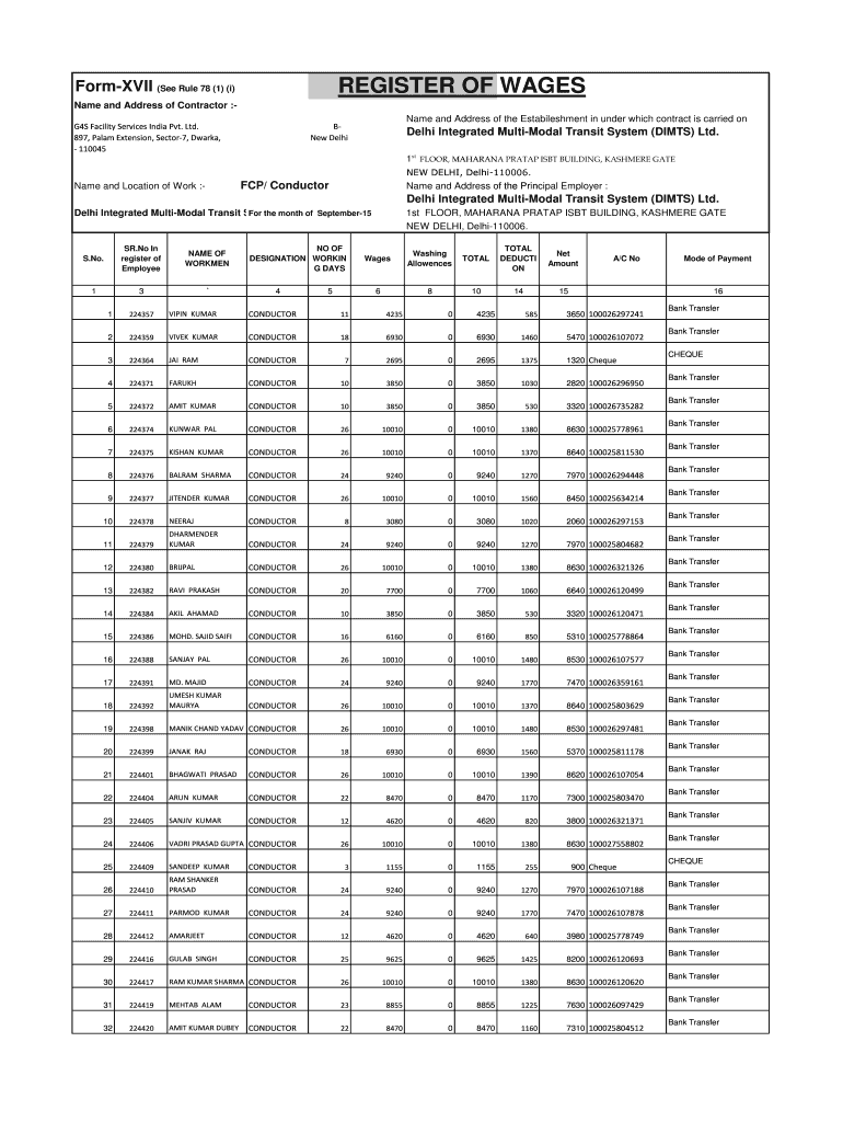 Fillable Online g4s Form-XVII REGISTER OF WAGES Fax Email Print - pdfFiller