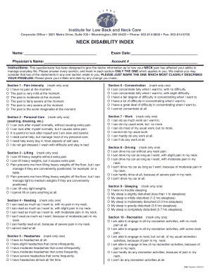 Fillable Online Neck disability index - Institute for Low Back and Neck ...