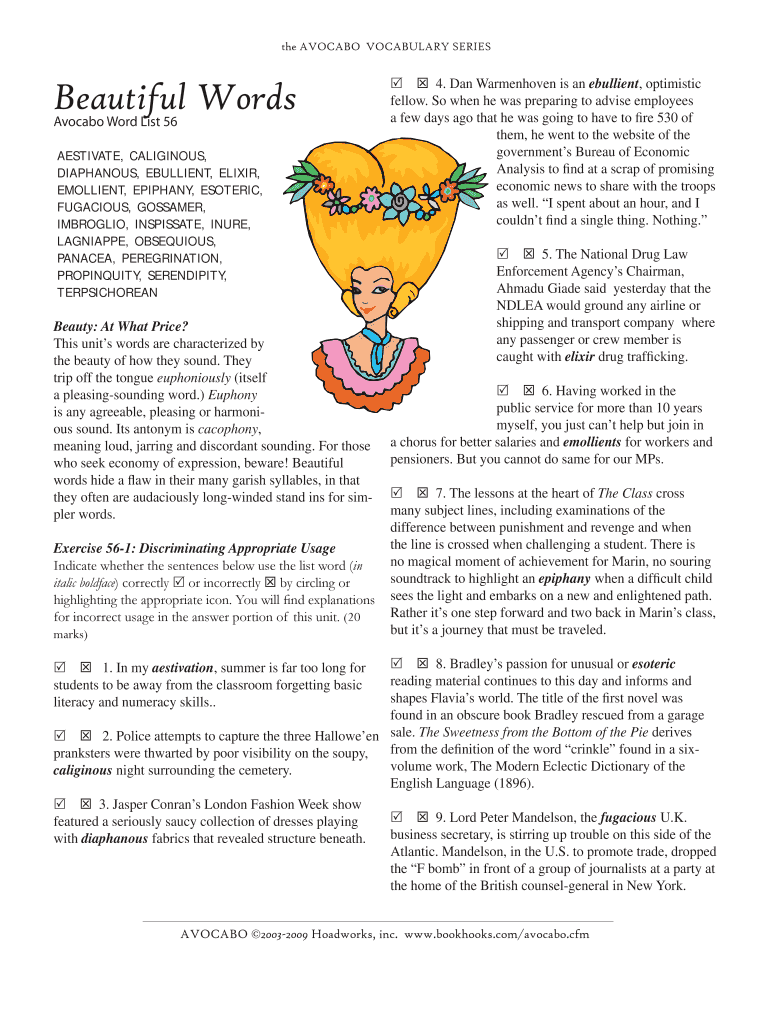 Fillable Online The AVOCABO VOCABULARY SERIES Beautiful Words Fax Email Print - pdfFiller