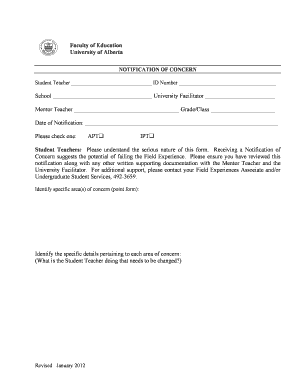 Fillable Online fieldexperiences ualberta Notification of Concern Form ...