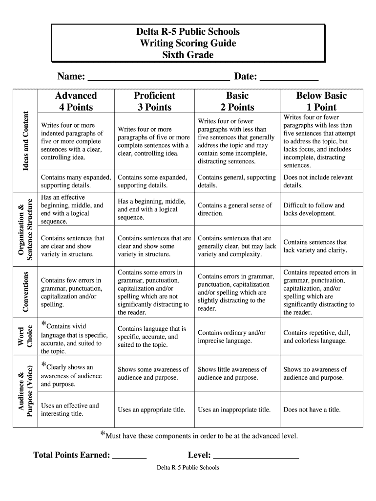 Fillable Online Delta R-5 Public Schools Writing Scoring Guide Sixth ...